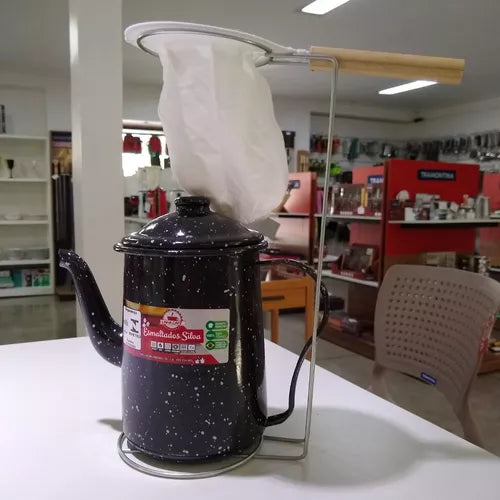 Bule Esmaltado Preto com Suporte e Coador - BRINDE UMA XÌCARA NA cor d ...
